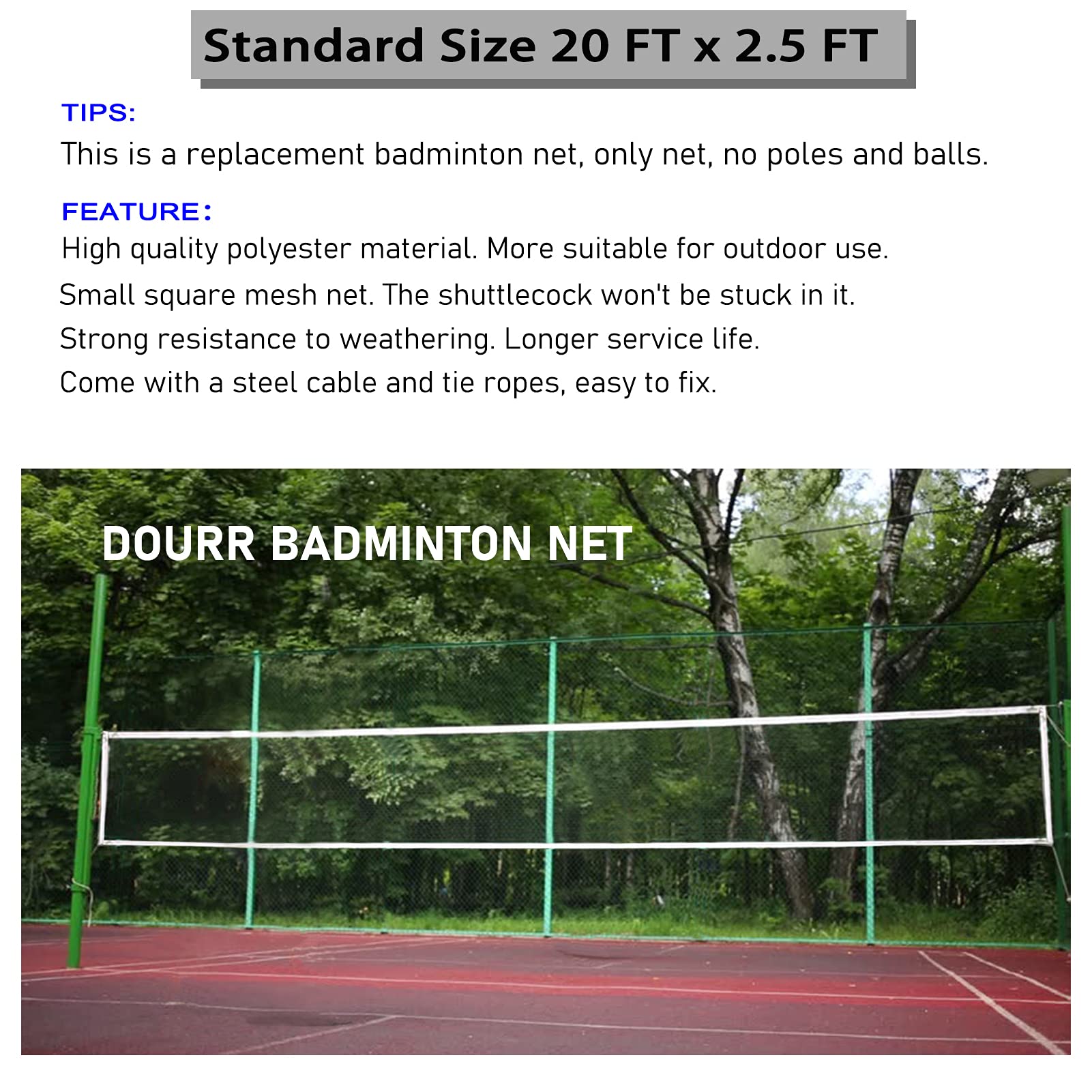 DOURR Badminton Tournament Net with Rope Cable (20 FT x 2.5 FT) (with Steel Rope Cable)