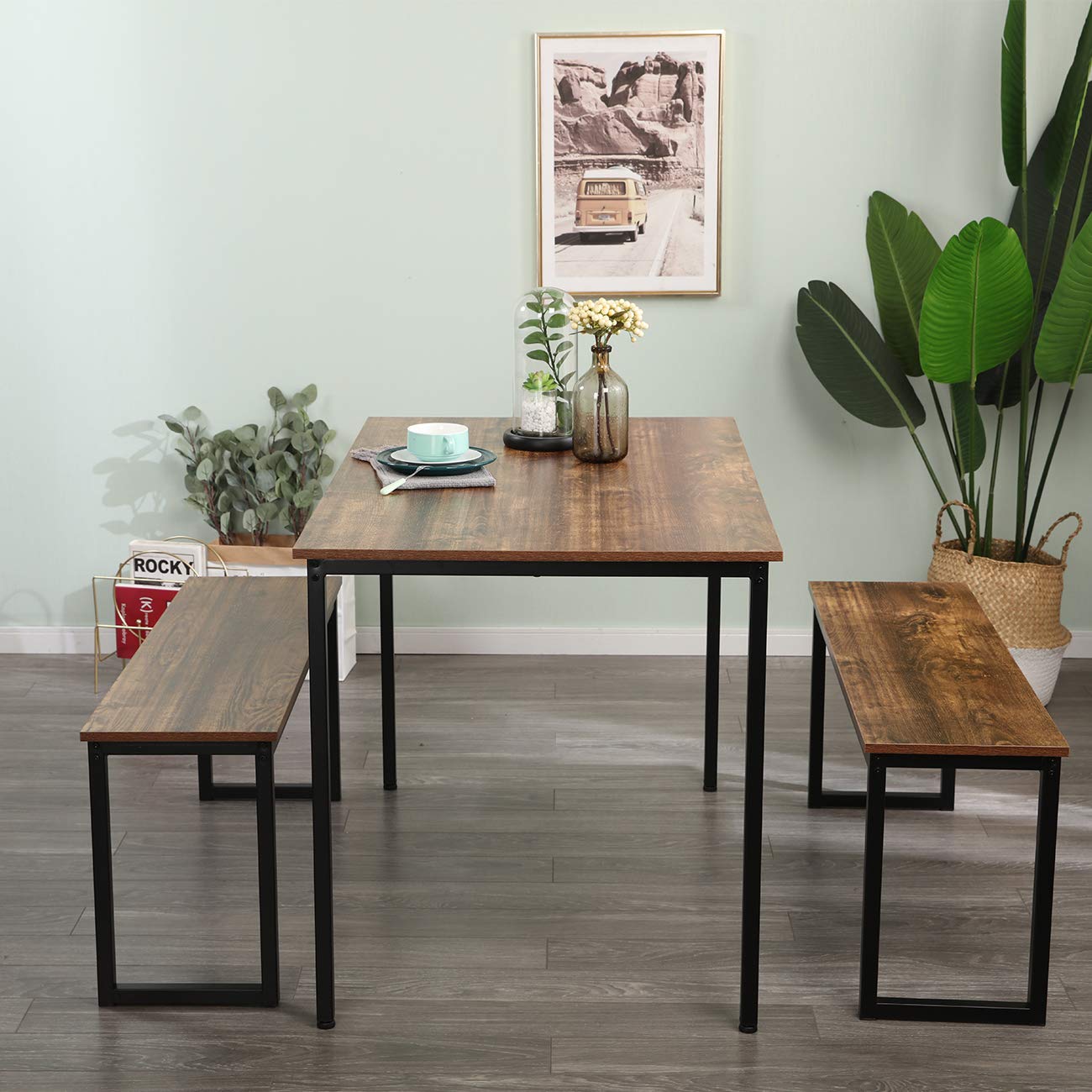 SogesGame Dining Table Set with Two Benches,Kitchen Table Set for 2-4 Persons,3 Pieces Home Kitchen Breakfast Bar Set Furniture Dining Set