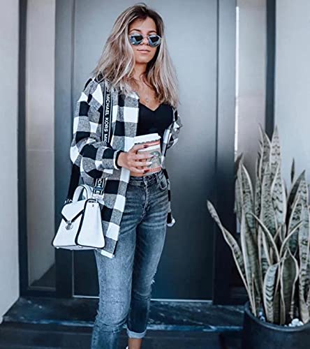 ZAFUL Women's Plaid Long Sleeve Shirt Button Down Wool Blend Thin Jacket Casual Blouse Tops with Pocket Black and White