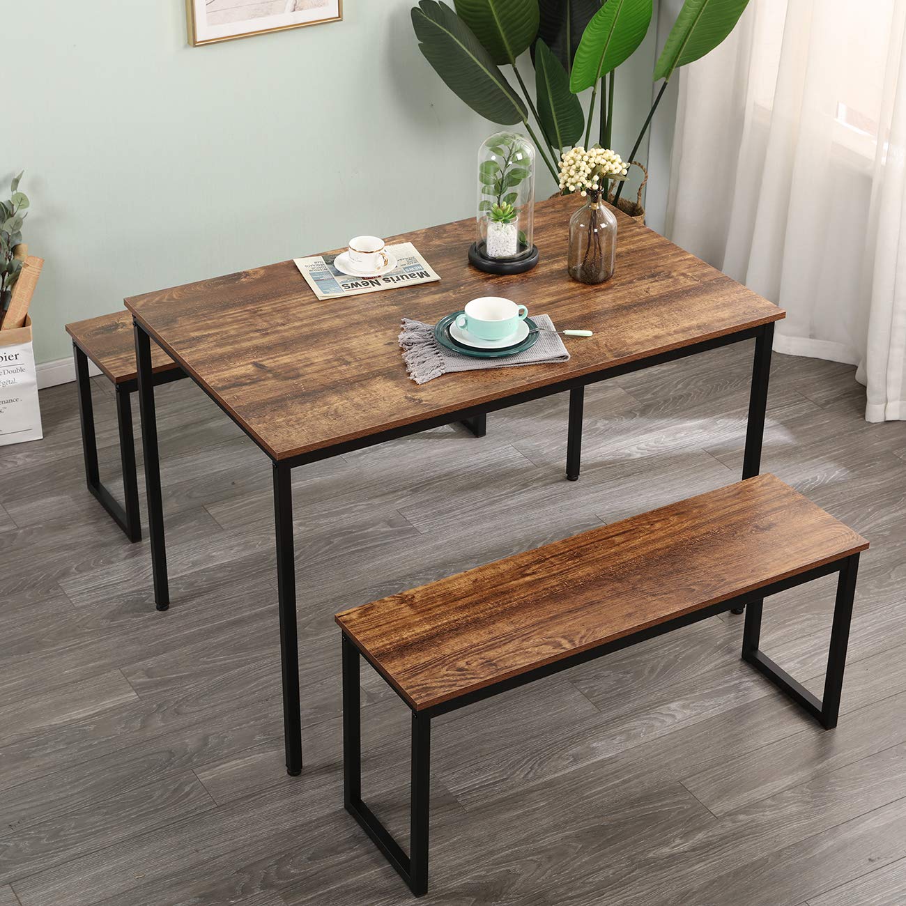 SogesGame Dining Table Set with Two Benches,Kitchen Table Set for 2-4 Persons,3 Pieces Home Kitchen Breakfast Bar Set Furniture Dining Set