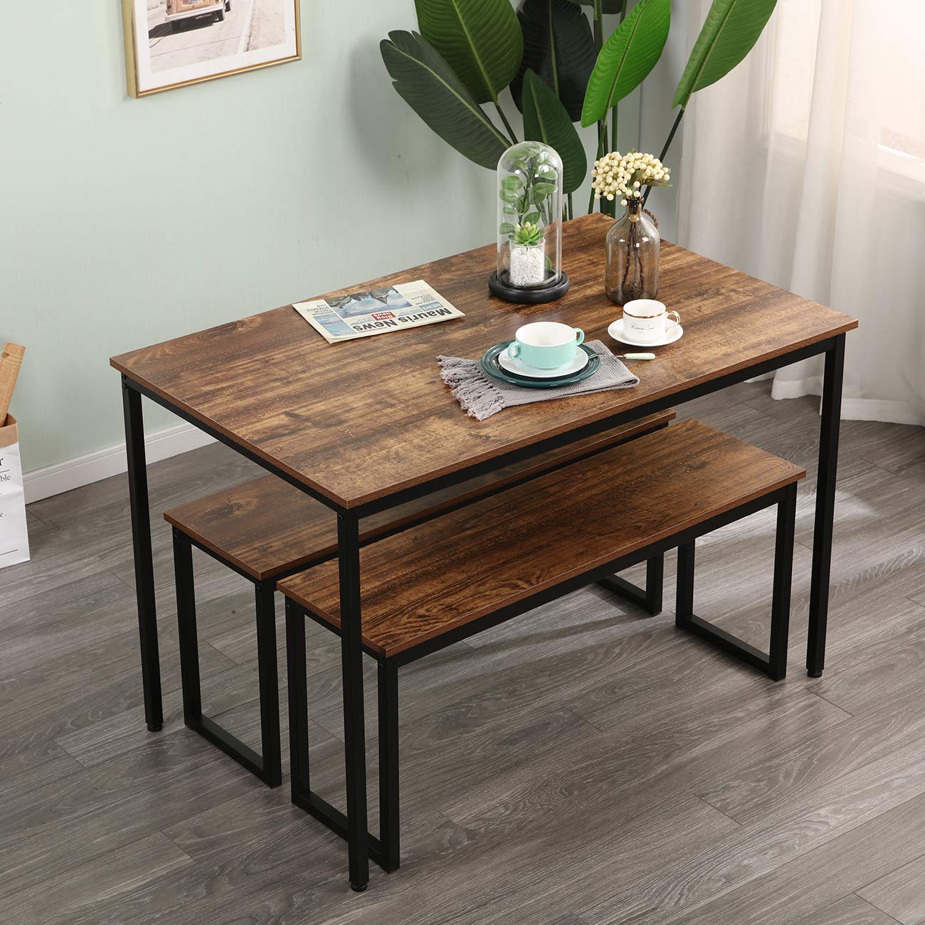 SogesGame Dining Table Set with Two Benches,Kitchen Table Set for 2-4 Persons,3 Pieces Home Kitchen Breakfast Bar Set Furniture Dining Set