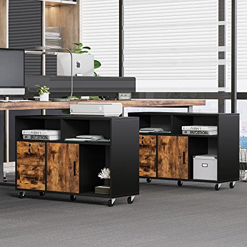 YITAHOME Wood File Cabinet, Mobile Filing Cabinet 2-Drawer Lateral File Cabinet for Letter, Legal, A4 Size, Printer Stand with Open Storage Shelves for Home Office,Black and Rustic Brown