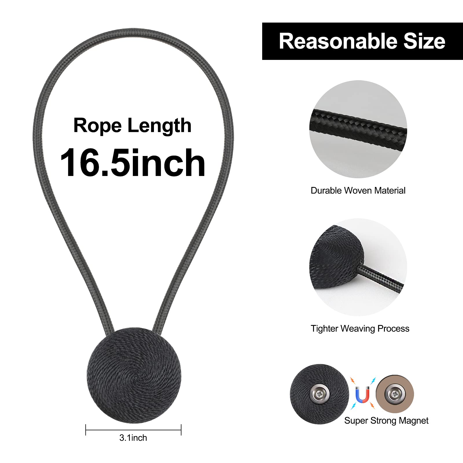 Voilamrt Curtain Tie Backs 4PCS, Magnetic Curtain Tiebacks, Tie Backs for Curtains, Curtain Weaving Holder Buckles for Drapes, Home, Office, Hotel Window Decoration (Black)