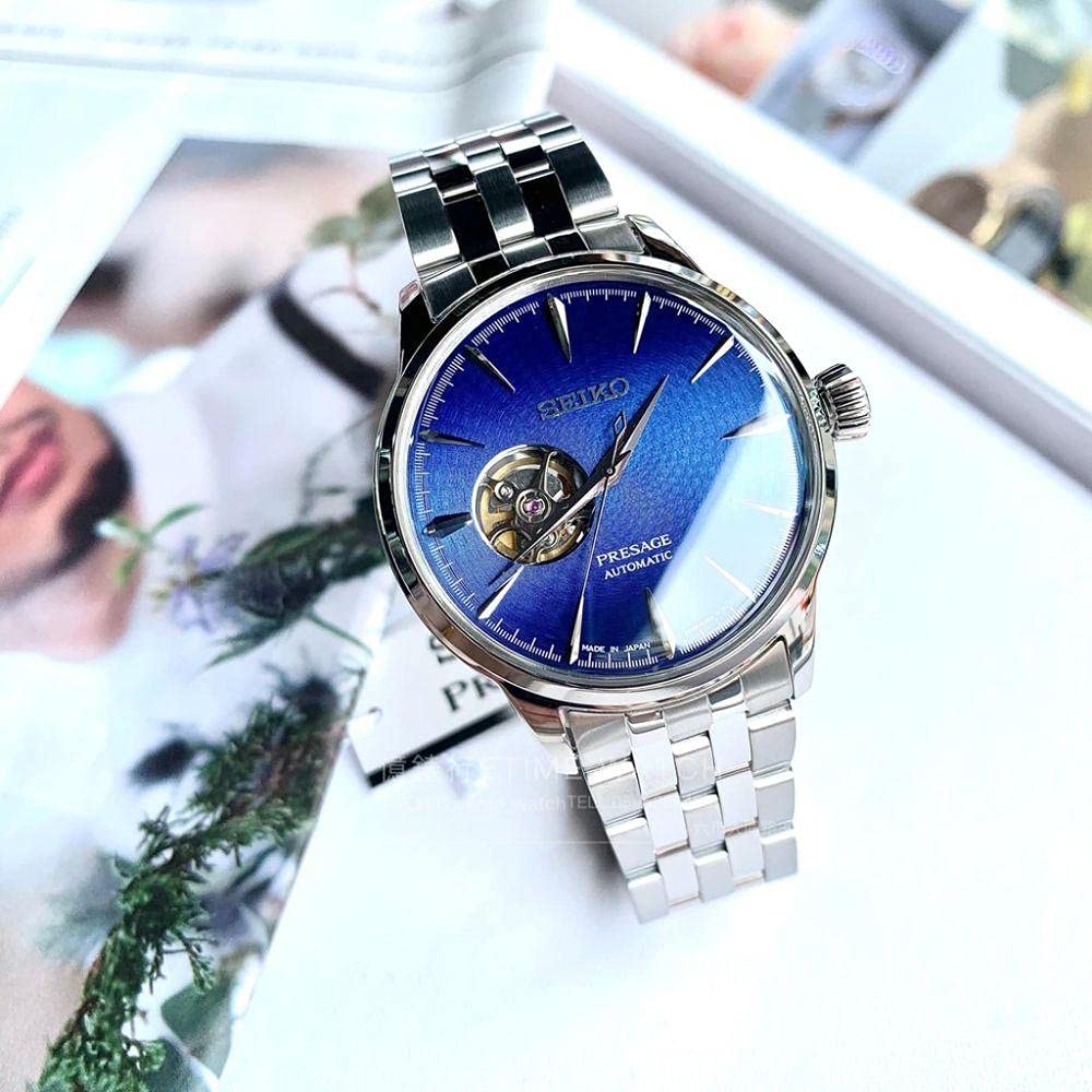 Seiko Presage Cocktail Time ‘Blue Acapulco’ Open Heart Steel Watch SSA439J1, White