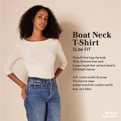 Amazon Essentials Women's Slim-Fit 3/4 Sleeve Boat Neck T-Shirt, Red Burgundy Stripe, Medium