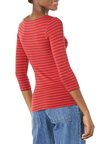 Amazon Essentials Women's Slim-Fit 3/4 Sleeve Boat Neck T-Shirt, Red Burgundy Stripe, Medium