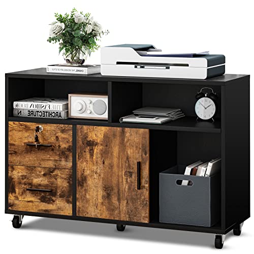 YITAHOME Wood File Cabinet, Mobile Filing Cabinet 2-Drawer Lateral File Cabinet for Letter, Legal, A4 Size, Printer Stand with Open Storage Shelves for Home Office,Black and Rustic Brown