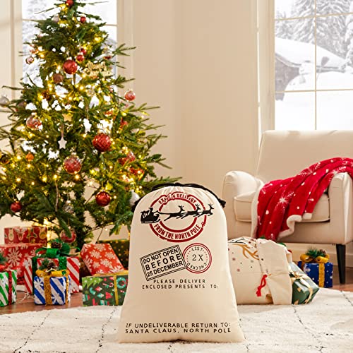 HBlife Canvas Santa Sack, 19.7 X 27.6 Inch Large Santa Bags for Gifts, Personalized Christmas Sacks for Presents with Drawstring, Style 3