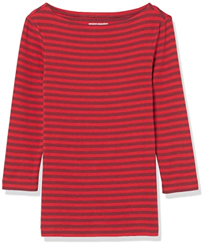 Amazon Essentials Women's Slim-Fit 3/4 Sleeve Boat Neck T-Shirt, Red Burgundy Stripe, Medium