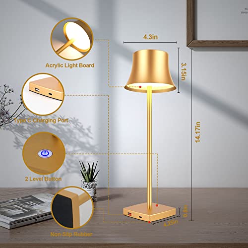 LED Desk Lamp Cordless Table Light, Rechargeable Battery Powered USB Charging Port 3 Levels Brightness Dimmable for Outdoor Modern Restaurant Dining Bedroom Study Portable Lights Set of 2 Pack Gold