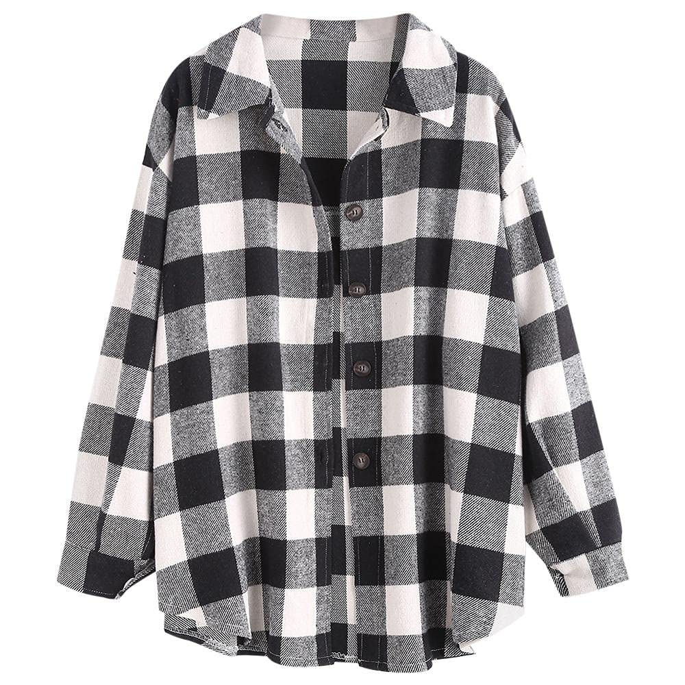 ZAFUL Women's Plaid Long Sleeve Shirt Button Down Wool Blend Thin Jacket Casual Blouse Tops with Pocket Black and White