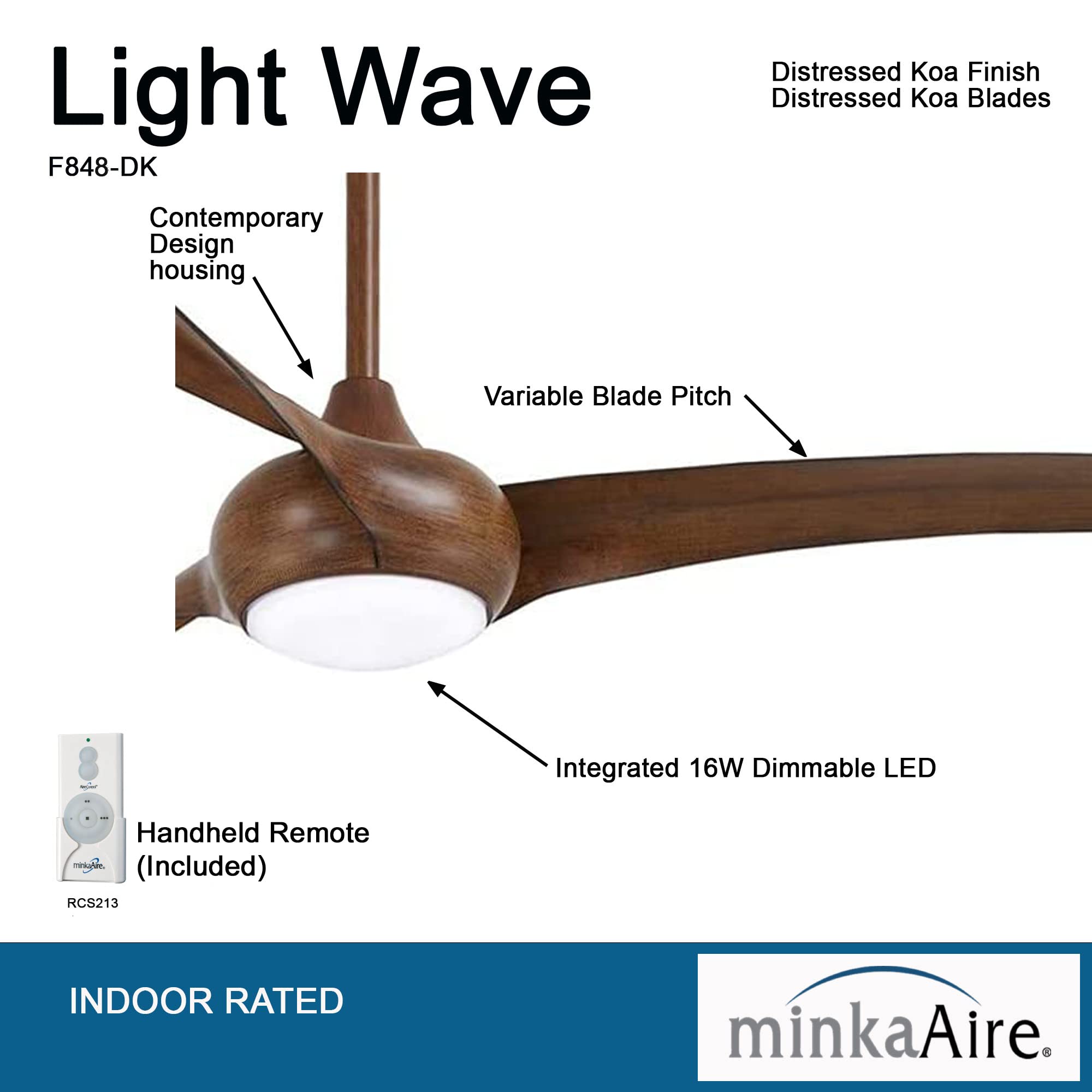 MINKA-AIRE F848-DK Light Wave 65" Ceiling Fan with LED Light and Remote Control in Distressed Koa Finish