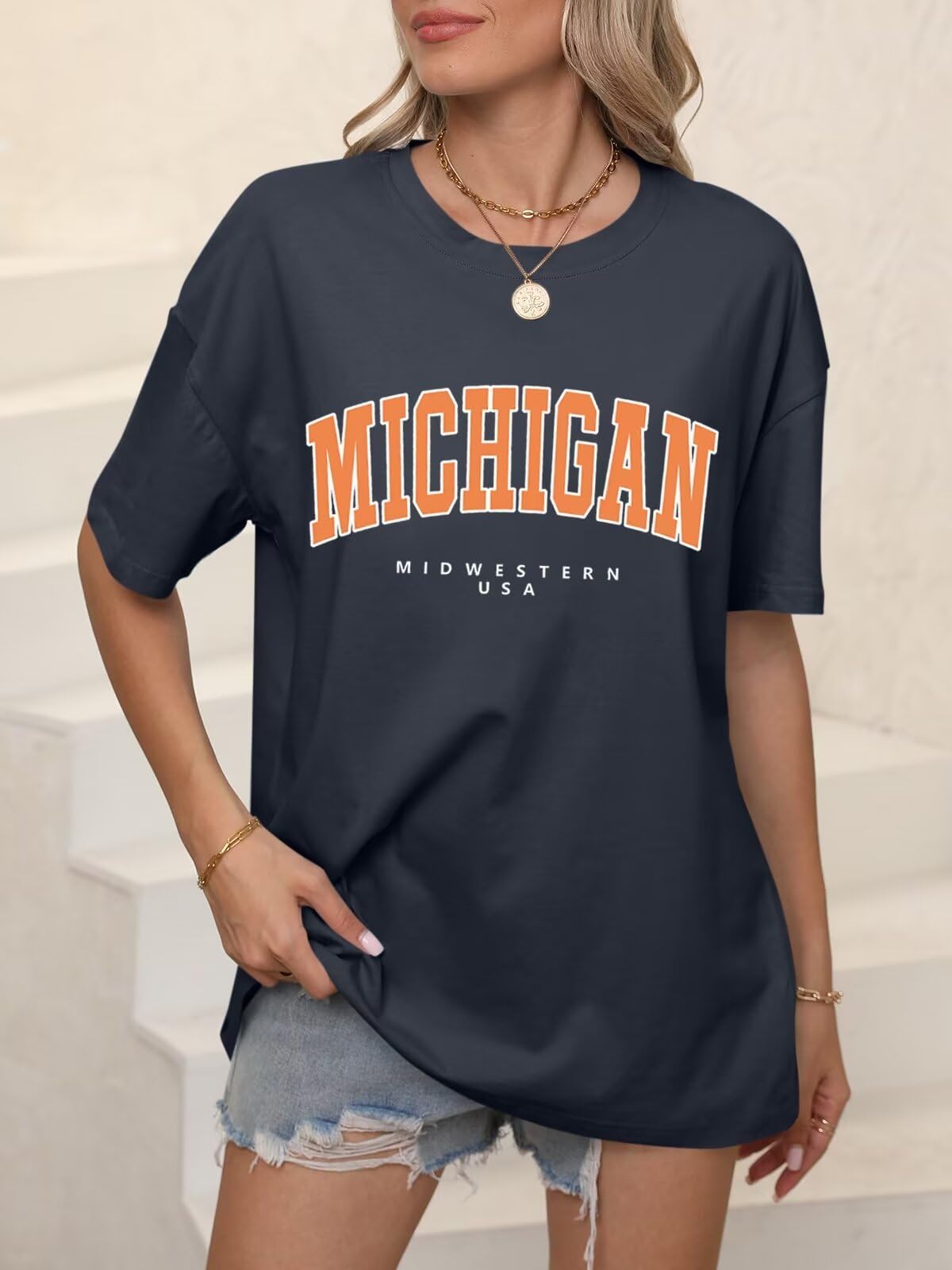 Women’s Casual Letter Graphic Print Short Sleeve Tunic Tops Round Neck Loose Tee Oversized Drop Shoulder Longline T Shirts