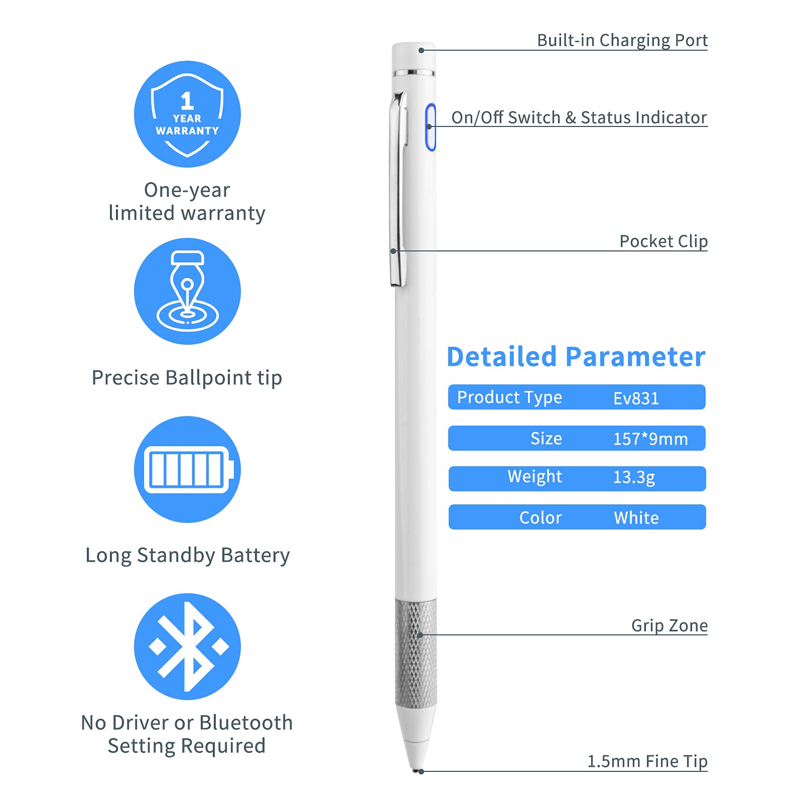 Stylus Pencil for Lenovo Chromebook Flex 5/3 Pen,Minilabo Touch Screens Active Stylus Digital Pen with 1.5mm Ultra Fine Tip Stylist Pen for Lenovo Chromebook Flex 5/3 Drawing and Writing Pencil,White