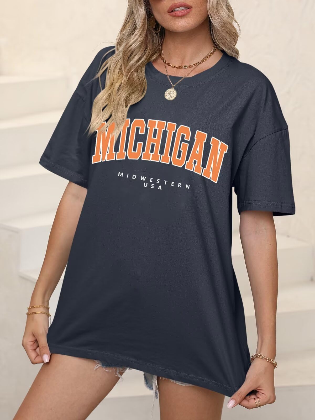Women’s Casual Letter Graphic Print Short Sleeve Tunic Tops Round Neck Loose Tee Oversized Drop Shoulder Longline T Shirts