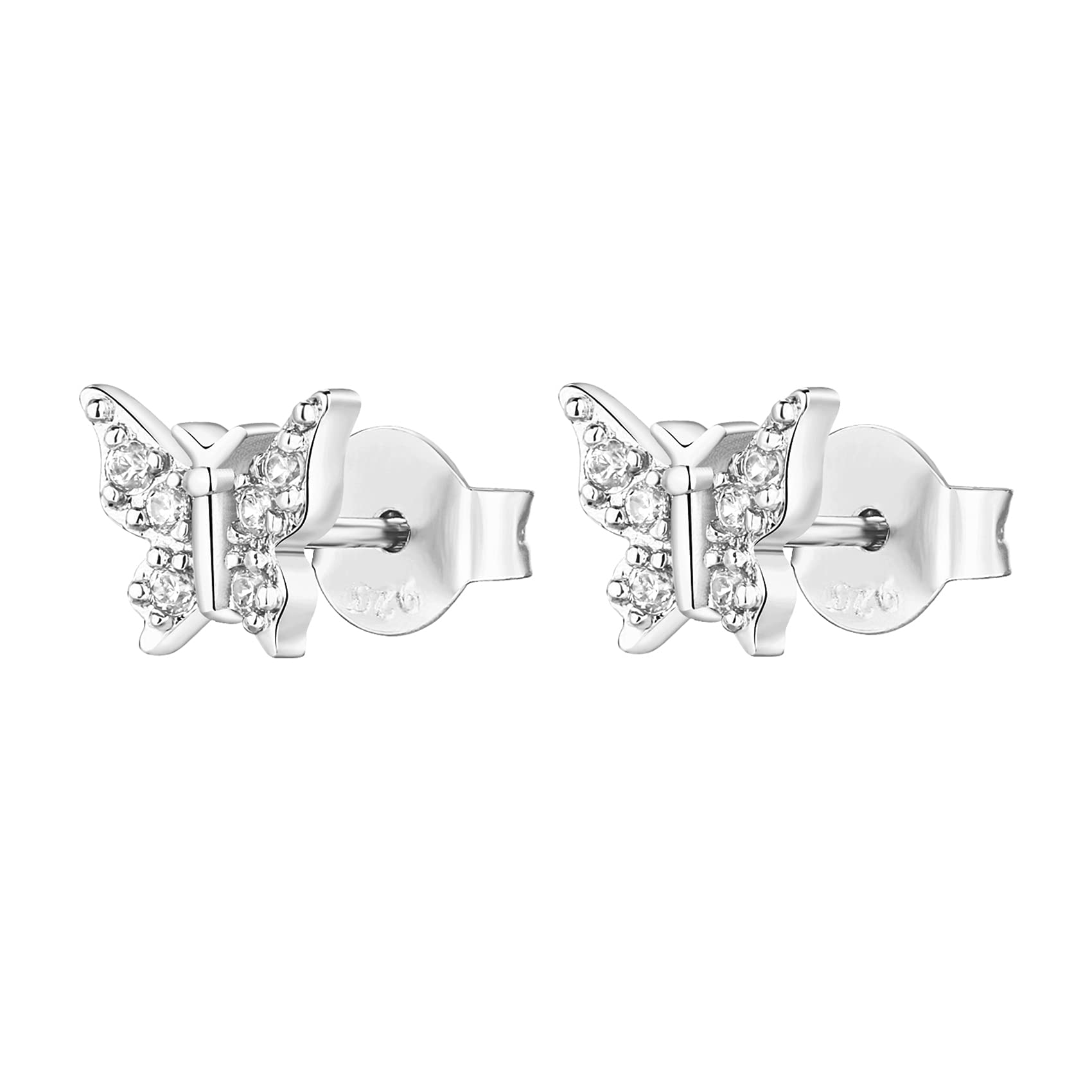 PAVOI Rhodium Plated 925 Sterling Silver Posts Cute Butterfly Earrings for Women - Gold Butterfly Stud Earrings - Dainty Jewelry