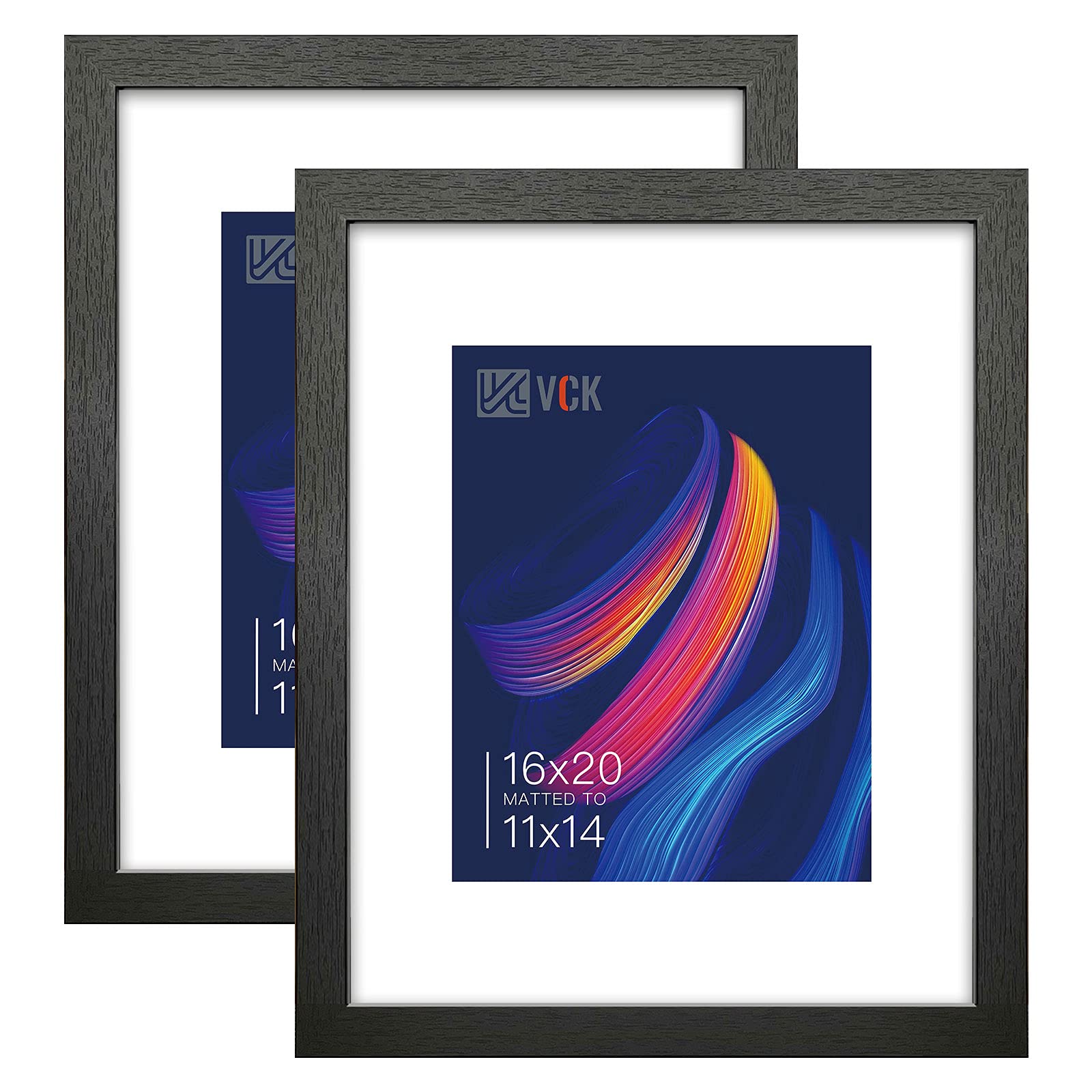 VCK 16x20 Picture Frame Set of 2 Display Pictures 11x14 with Mat or 16x20 Without Mat, Wall Gallery Poster Frames,Horizontal and Vertical Formats Black