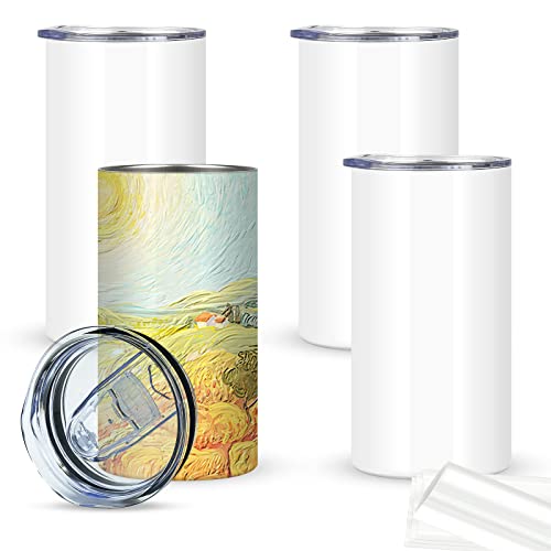 XccMe 12 oz Skinny Sublimation Blanks,Stainless Steel Straight Tumblers with Shrink Wrap Films,4 PACK Double Wall Vacuum Insulated Mugs for DIY Gift,Coffee,Tea,Beverages (White)