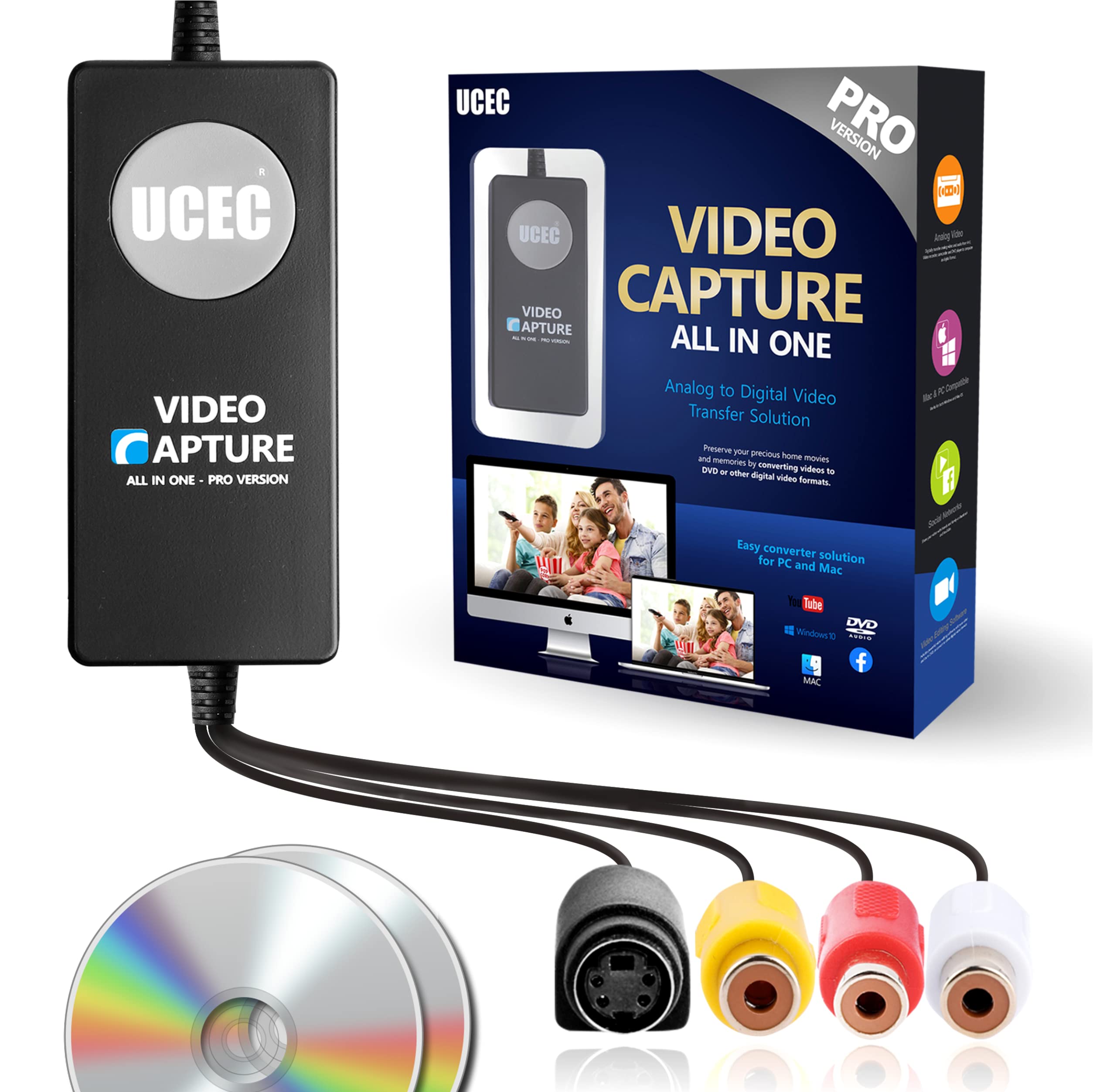 UCEC USB 2.0 Video Capture Device - Pro Version, VHS to Digital Converter, VHS to DVD Converter, Digitize Video for Mac, PC, Upgraded Version