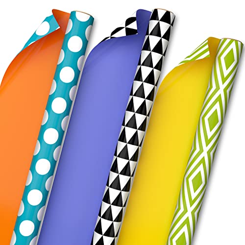 Hallmark All Occasion Reversible Wrapping Paper (3 Rolls; 75 sq. ft. ttl) Black and White Triangles, Dots Blue, Lime Green Diamonds, Solid Yellow, Orange, Blue for Birthdays, Halloween, Father's Day