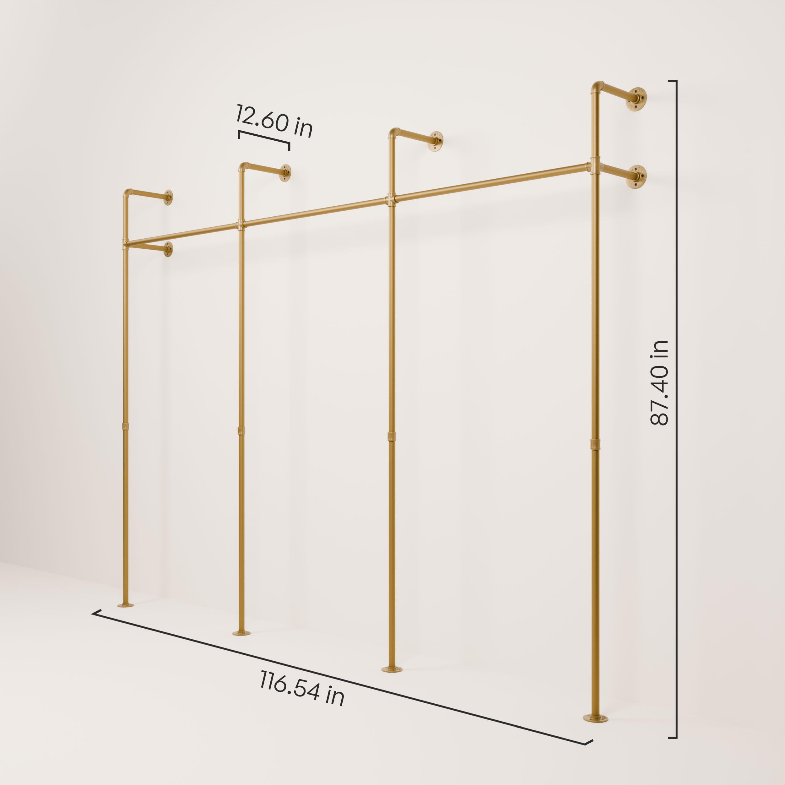 pamo Industrial Pipe Clothing Rack Gold - 660 lbs Capacity - Wall Mounted Clothes Rack and Walk In Closet for Wardrobe