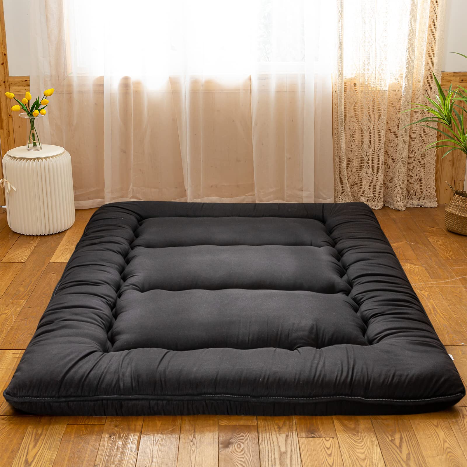 YOSHOOT Japanese Shiki Futon Mattress For Floor, Bed Folding Portable Camping Roll Up Mattress Thicken Mattress Sleeping Pad for Guest Room Full Size, Black