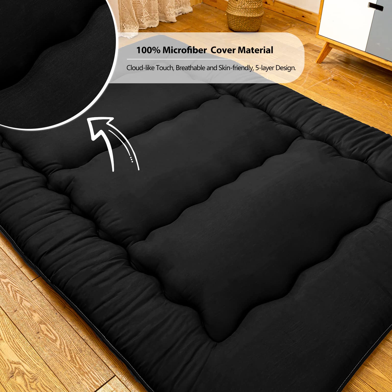 YOSHOOT Japanese Shiki Futon Mattress For Floor, Bed Folding Portable Camping Roll Up Mattress Thicken Mattress Sleeping Pad for Guest Room Full Size, Black
