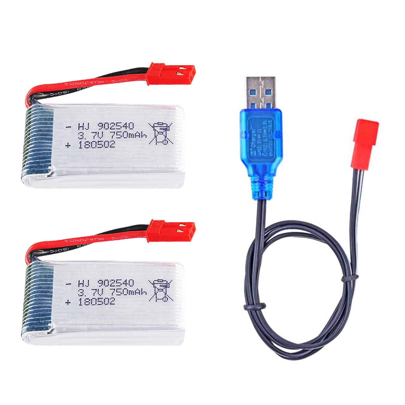 2 Pcs 3.7V 750mAh 25C 902540 Rechargeable Lipo Battery with USB Charger for X400 X300C X800 X500 HJ818H J819S Quadcopter RC Drone Spare Parts