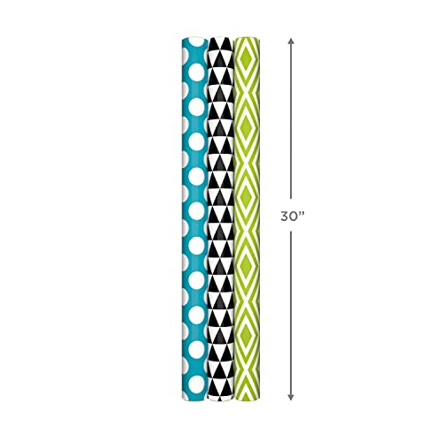 Hallmark All Occasion Reversible Wrapping Paper (3 Rolls; 75 sq. ft. ttl) Black and White Triangles, Dots Blue, Lime Green Diamonds, Solid Yellow, Orange, Blue for Birthdays, Halloween, Father's Day