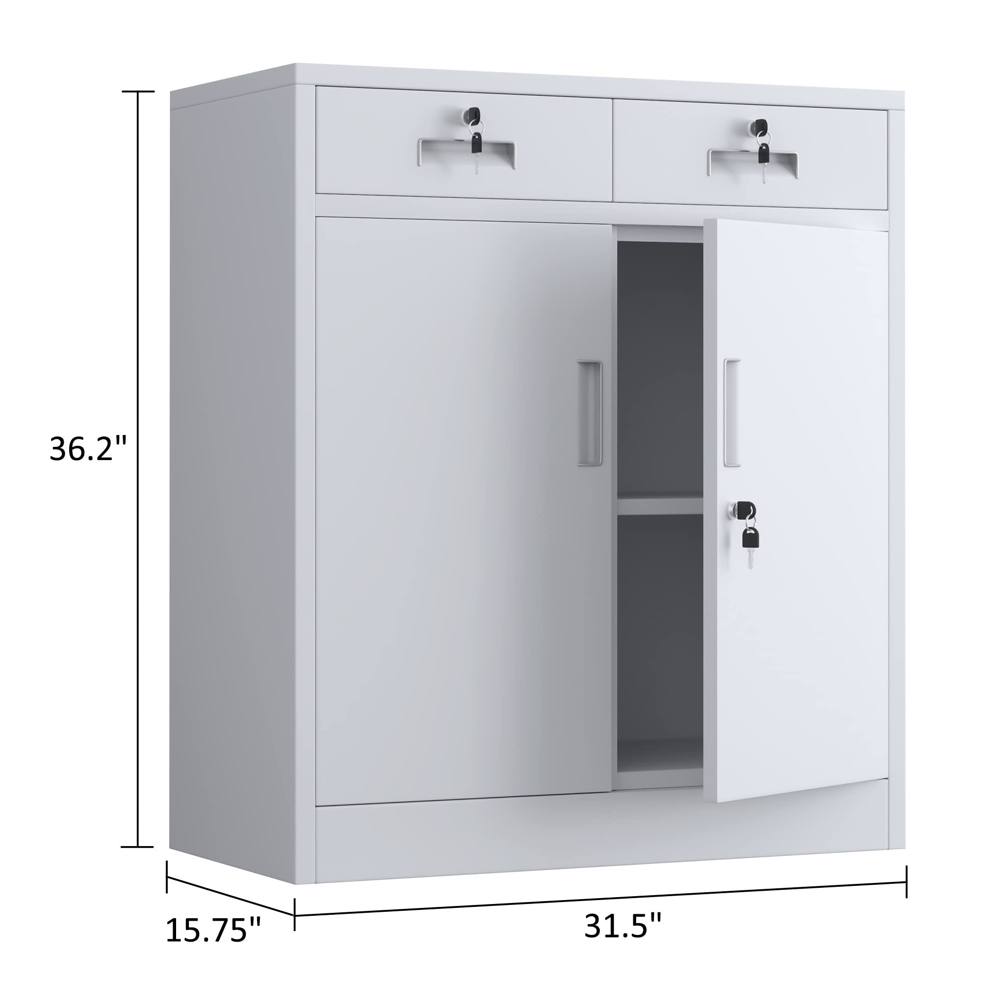 JINGUR Metal Storage Cabinet with Locking Doors and 2 Drawers, Lockable Storage Cabinets with Adjustable Shelf for Home Office and Garage (White)