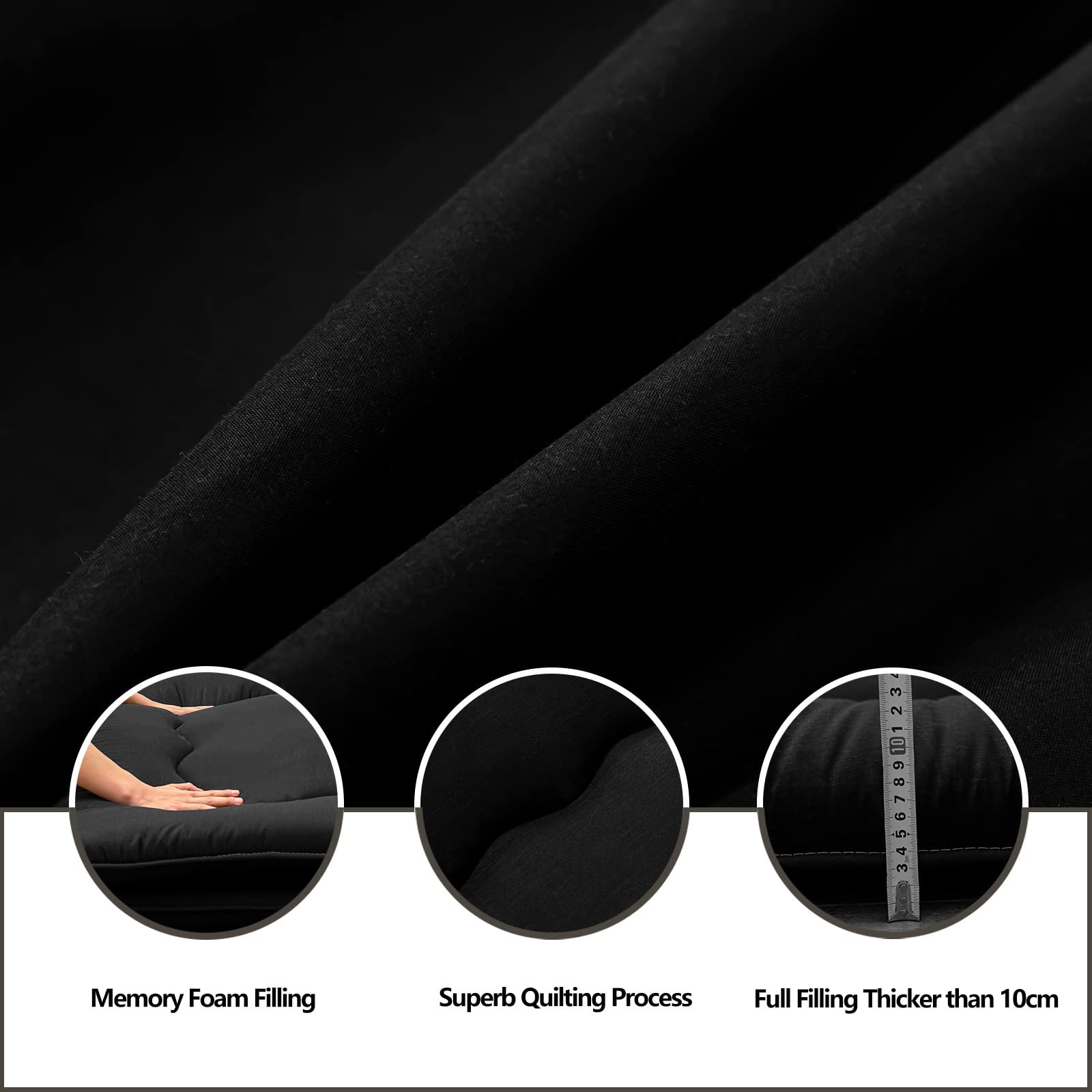 YOSHOOT Japanese Shiki Futon Mattress For Floor, Bed Folding Portable Camping Roll Up Mattress Thicken Mattress Sleeping Pad for Guest Room Full Size, Black