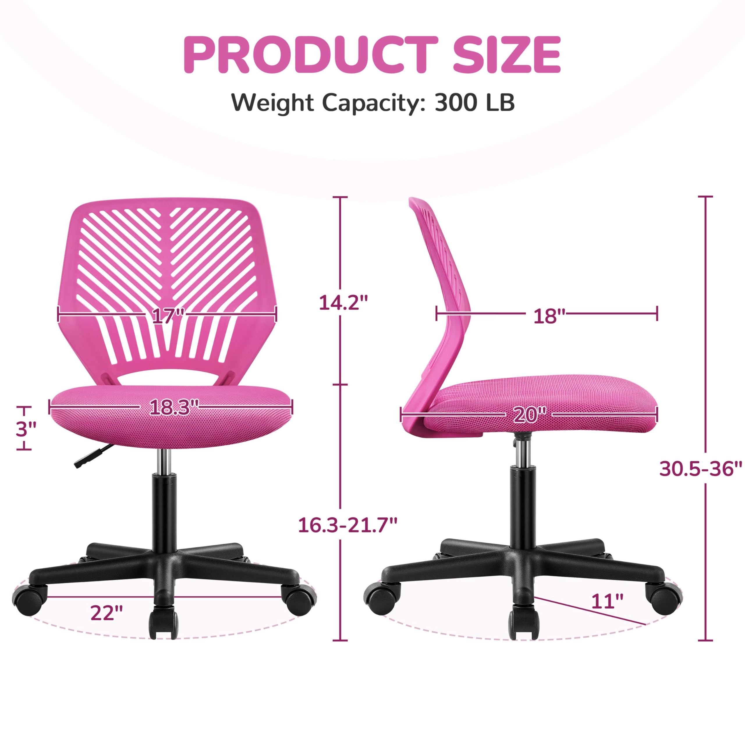 Yaheetech Students Cute Desk Chair Low-Back Armless Study Chair w/Lumbar Support Adjustable Swivel Chair in Home Bedroom School, Rose Red