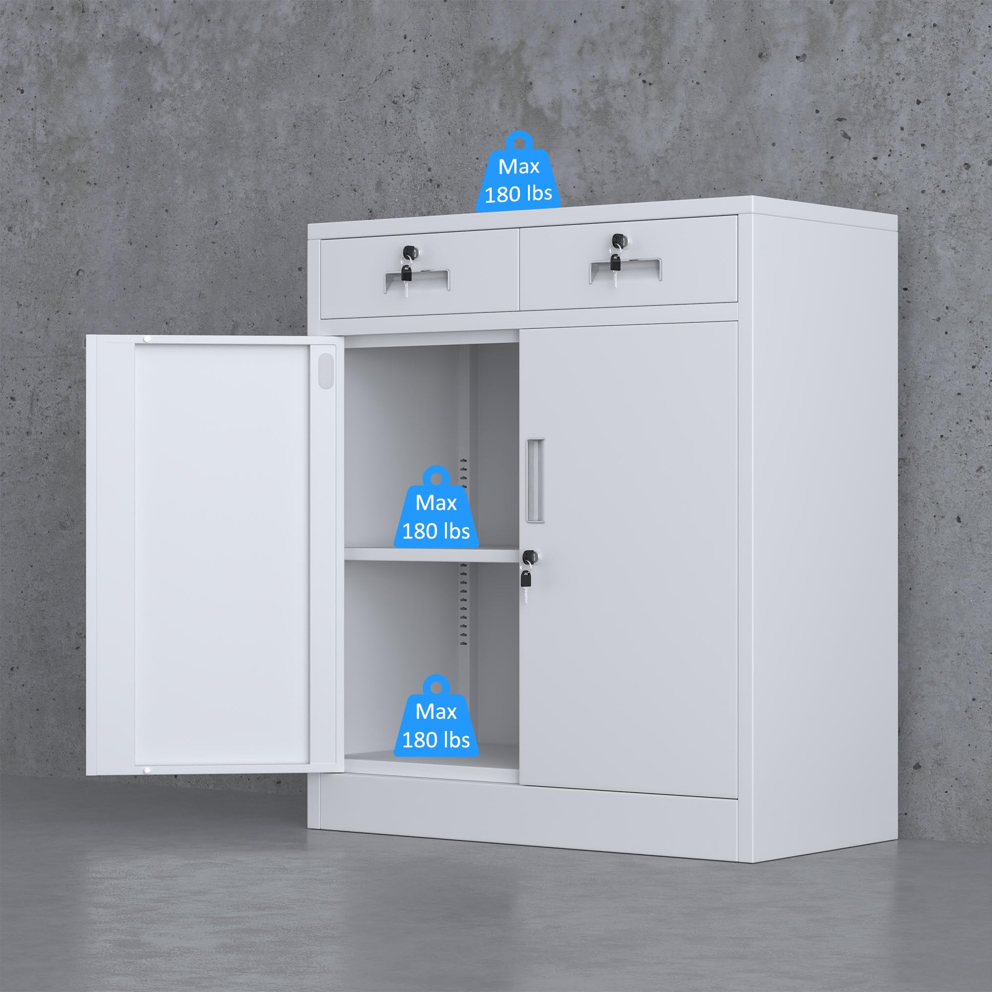 JINGUR Metal Storage Cabinet with Locking Doors and 2 Drawers, Lockable Storage Cabinets with Adjustable Shelf for Home Office and Garage (White)