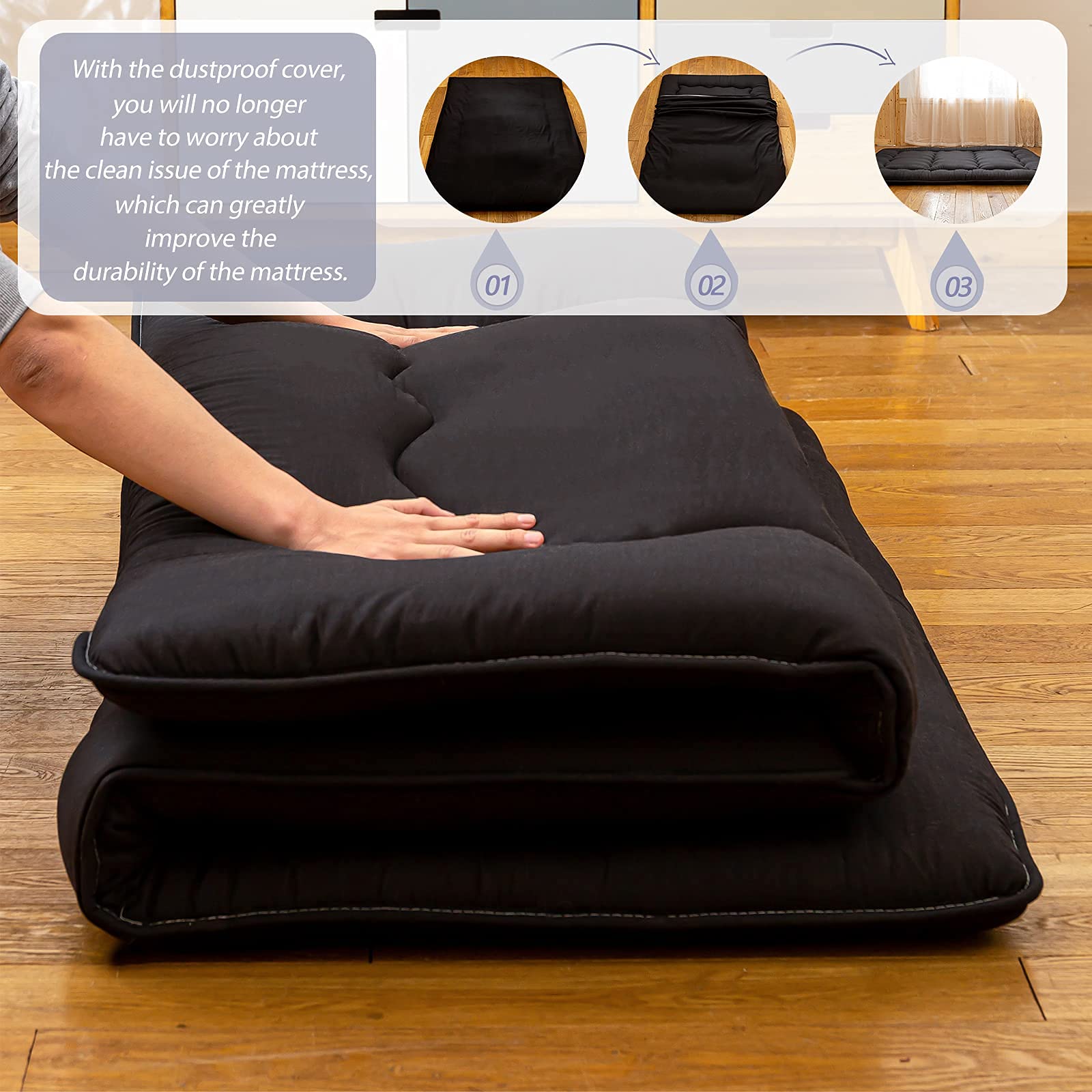 YOSHOOT Japanese Shiki Futon Mattress For Floor, Bed Folding Portable Camping Roll Up Mattress Thicken Mattress Sleeping Pad for Guest Room Full Size, Black
