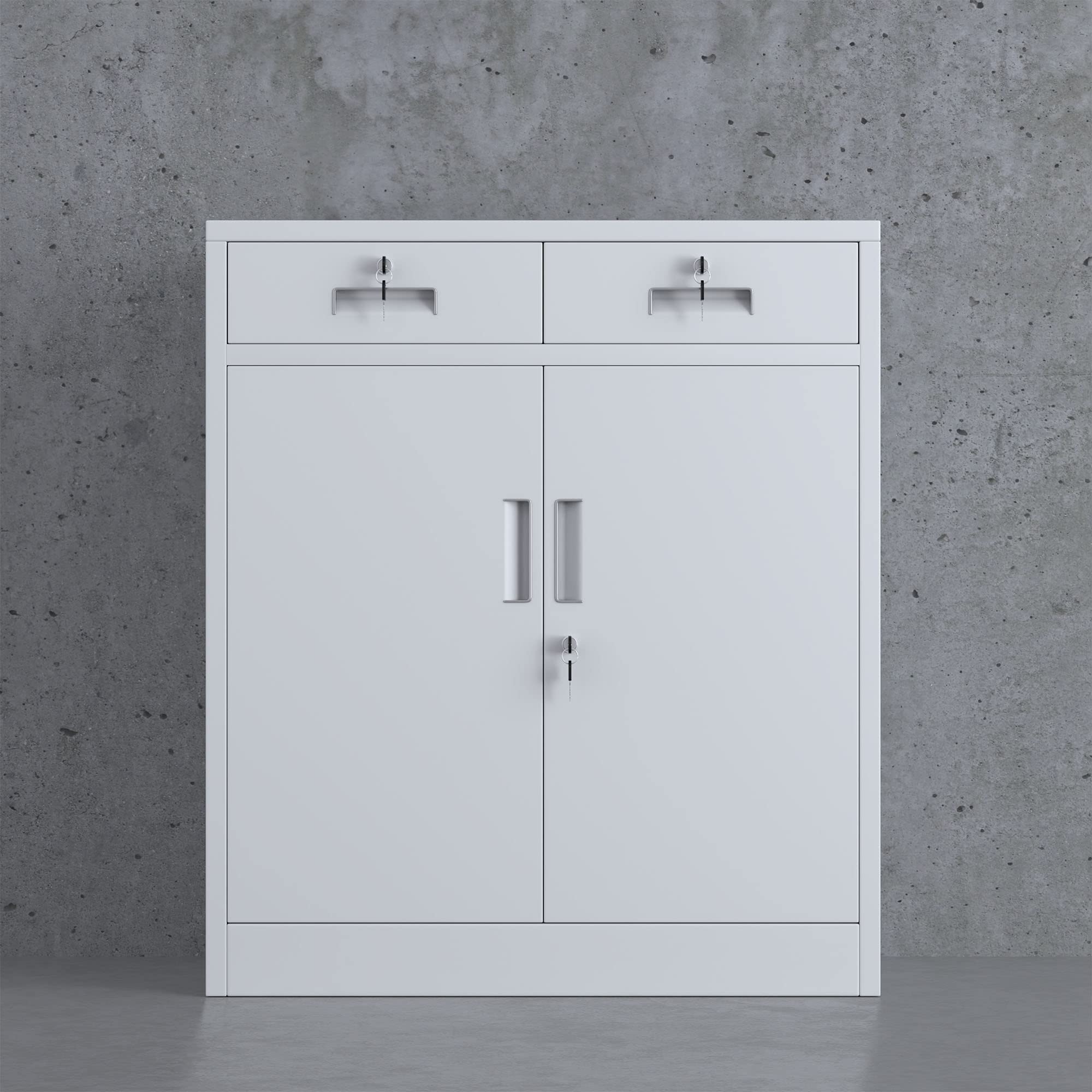 JINGUR Metal Storage Cabinet with Locking Doors and 2 Drawers, Lockable Storage Cabinets with Adjustable Shelf for Home Office and Garage (White)