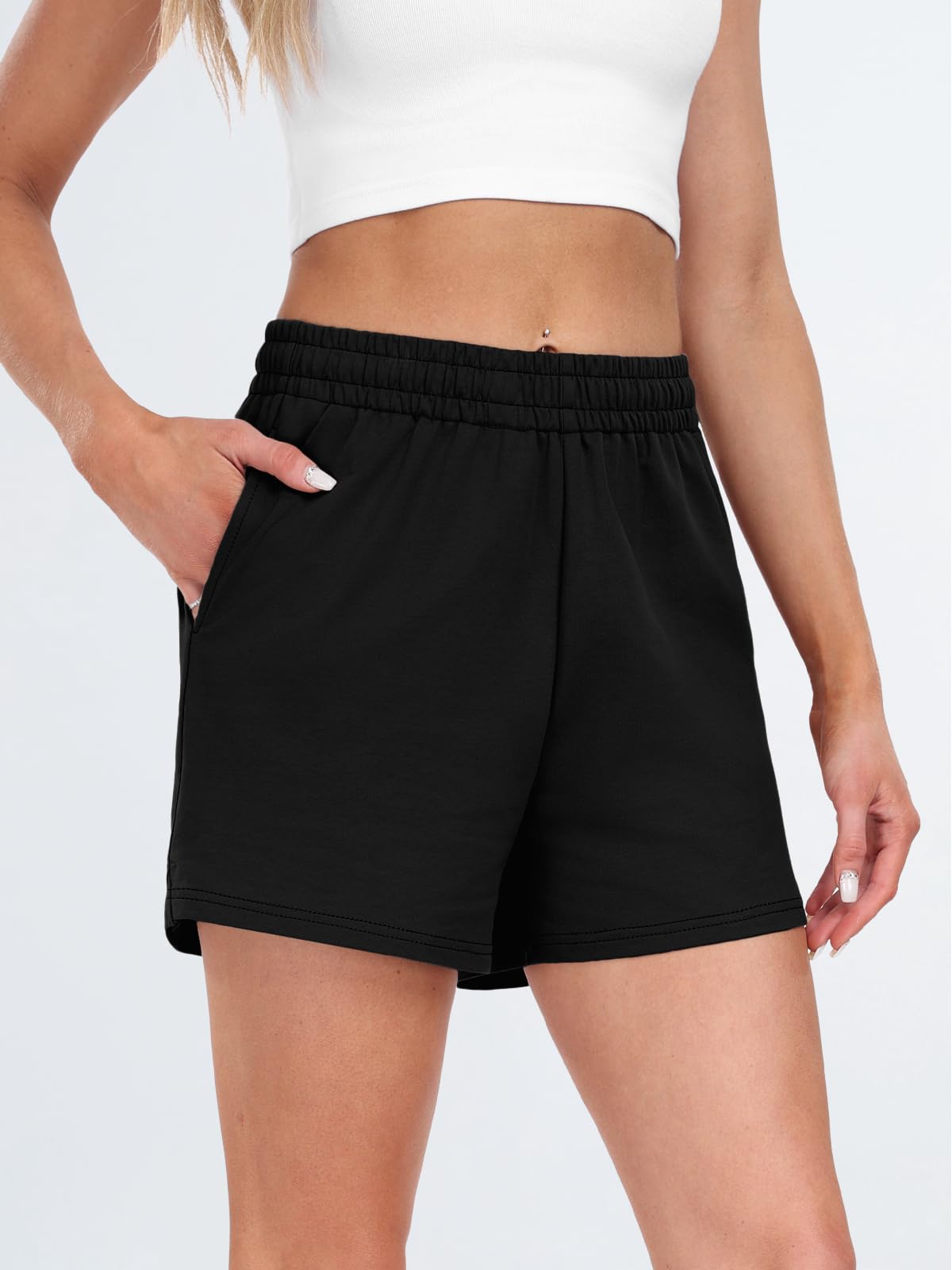 AUTOMET Womens Sweat Shorts Casual Summer Drawstring Comfy Elastic High Waist Running Clothes with Pockets Black S