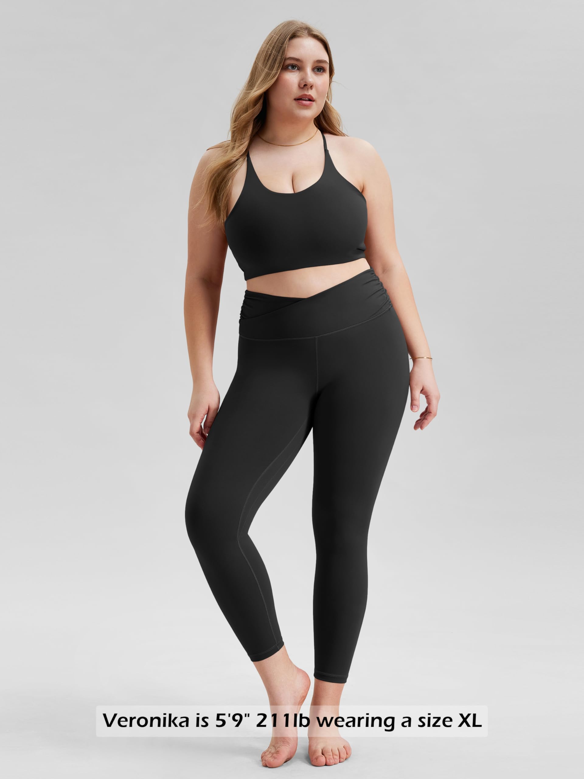 ODODOS Women's Cross Waist 7/8 Yoga Leggings with Inner Pocket, Inseam 25" Gathered Crossover Workout Yoga Pants, Black, Large