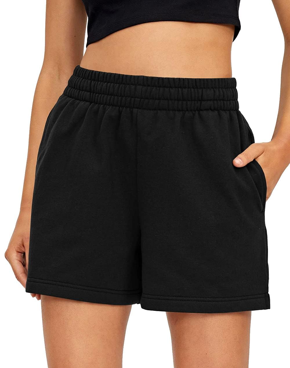 AUTOMET Womens Sweat Shorts Casual Summer Drawstring Comfy Elastic High Waist Running Clothes with Pockets Black S