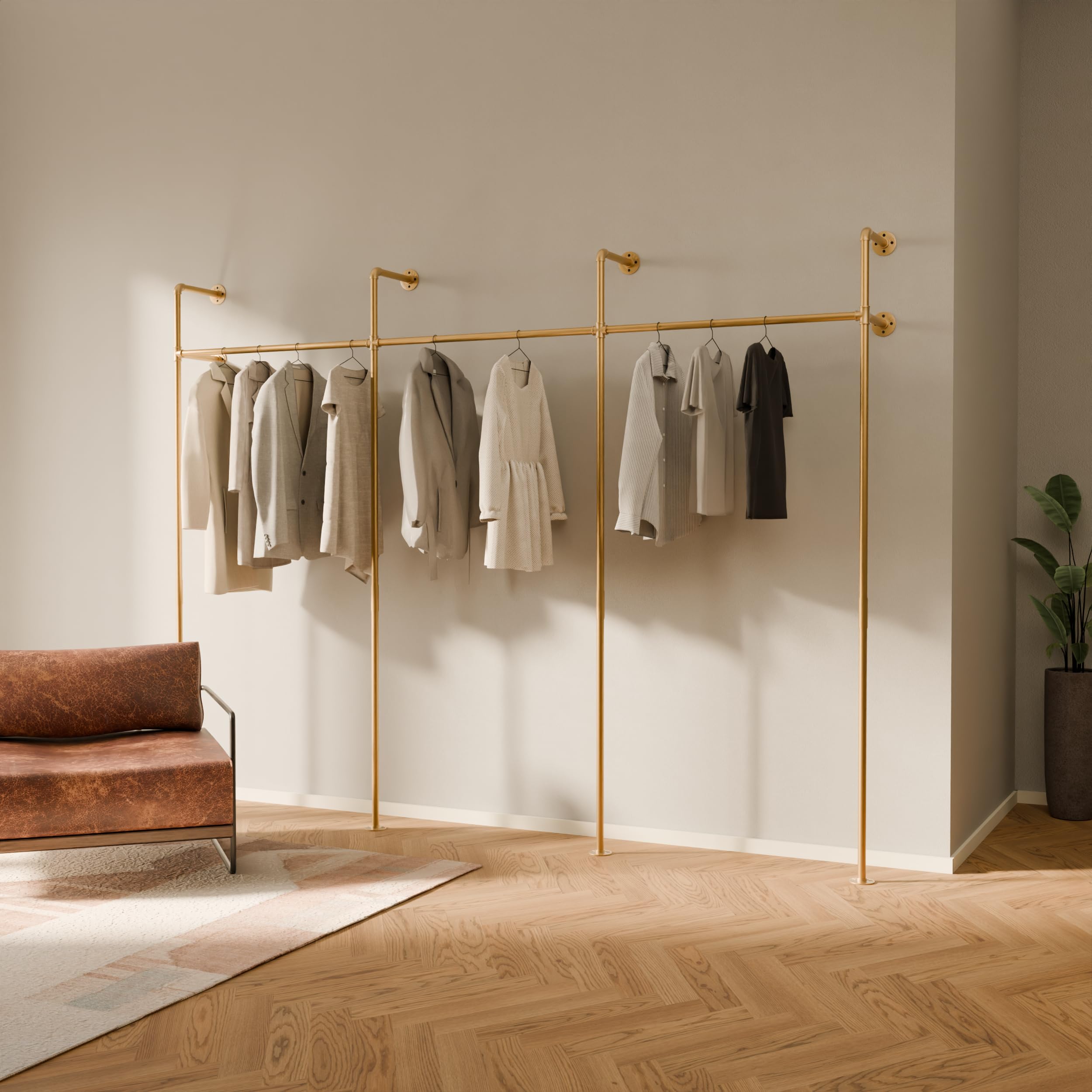 pamo Industrial Pipe Clothing Rack Gold - 660 lbs Capacity - Wall Mounted Clothes Rack and Walk In Closet for Wardrobe