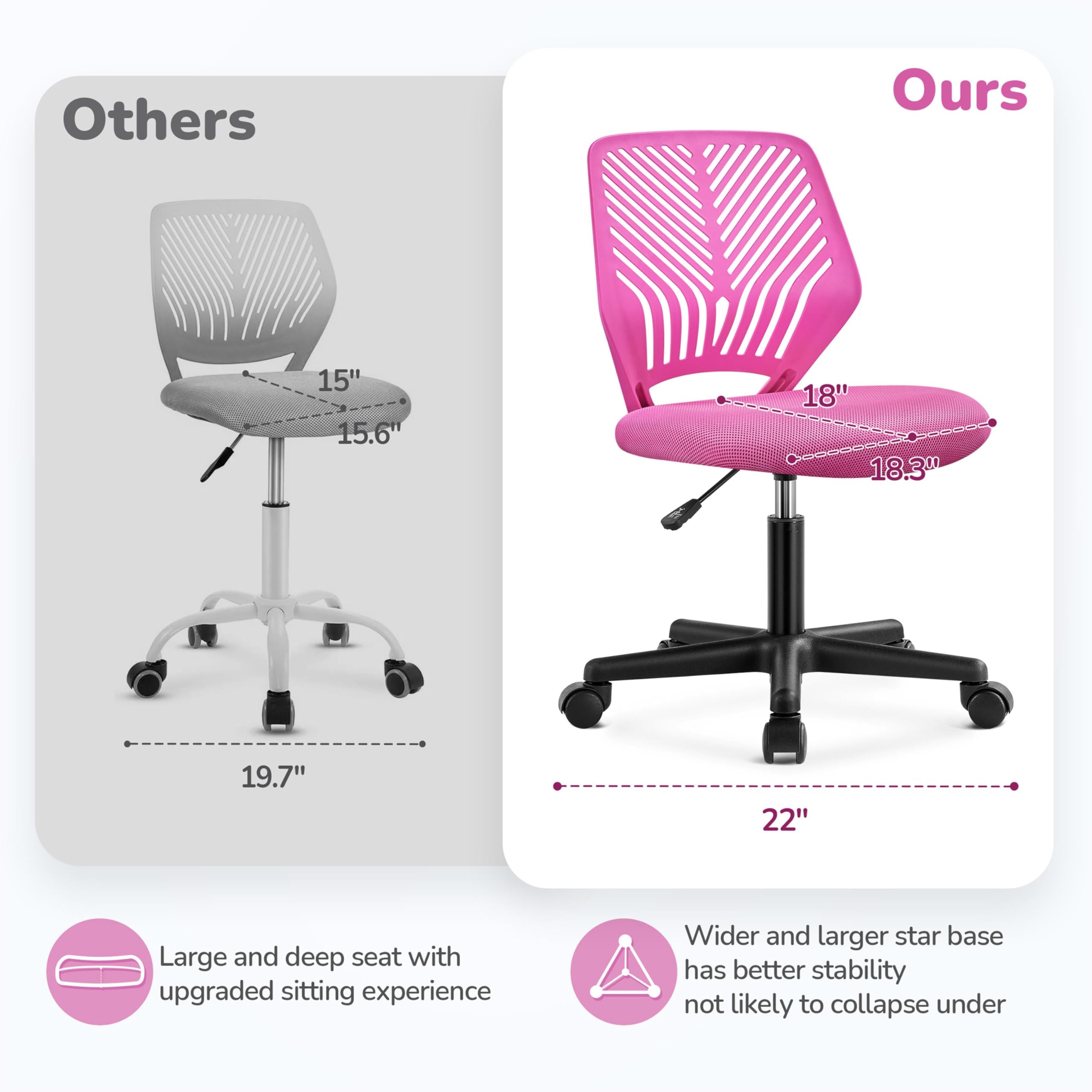 Yaheetech Students Cute Desk Chair Low-Back Armless Study Chair w/Lumbar Support Adjustable Swivel Chair in Home Bedroom School, Rose Red