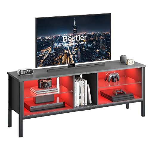 Bestier Entertainment Center, Gaming TV Stand for 70 TV inch, TV Media Console with Modern Glass Shelves, Grey