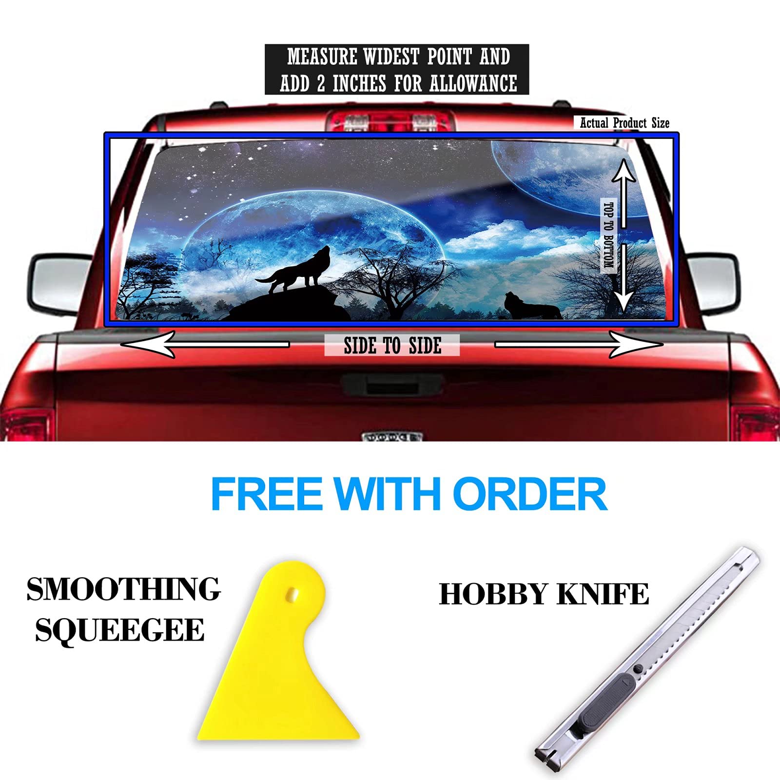 Hoa Forest Wolf Truck Rear Window Decal Tint Perforated Vinyl Graphic,Car Back Window Sticker,Animal Panel Decals Truck SUV Van 65x20inch