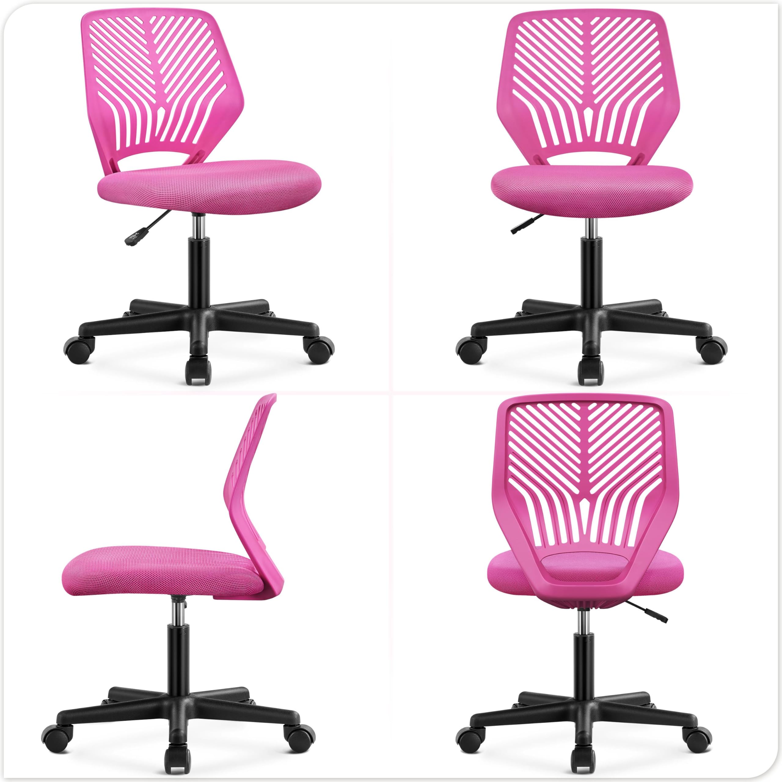 Yaheetech Students Cute Desk Chair Low-Back Armless Study Chair w/Lumbar Support Adjustable Swivel Chair in Home Bedroom School, Rose Red