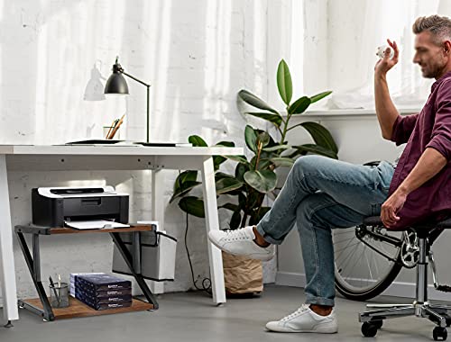 Y&ME YM Desktop Printer Stand with Storage Bag, 2 Tier Desktop Organizer Shelf, Rustic Wood Printer Table with Adjustable Anti-Skid Pads, Under Desk Printer Shelf for Fax Machine, Scanner, Files