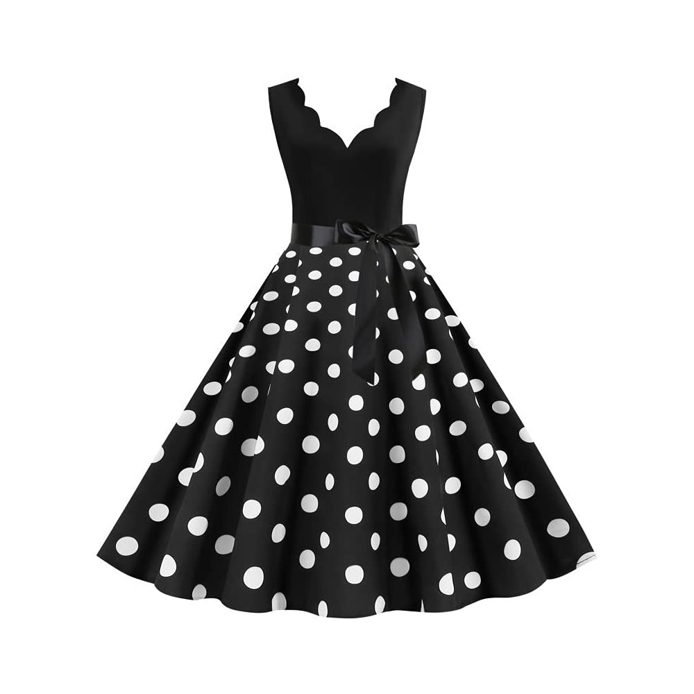 Keiqueen Women's Vintage Polka Dot Dress V Neck Sleeveless Retro Cocktail A-line Dress Prom Swing Party Dresses with Belt (Black,Medium)