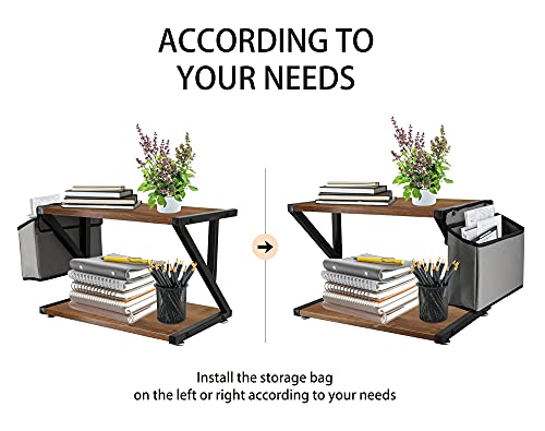 Y&ME YM Desktop Printer Stand with Storage Bag, 2 Tier Desktop Organizer Shelf, Rustic Wood Printer Table with Adjustable Anti-Skid Pads, Under Desk Printer Shelf for Fax Machine, Scanner, Files
