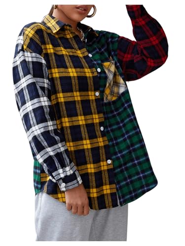 Floerns Women's Tartan Color Block Long Sleeve Plaid Button Down Blouse Multi S