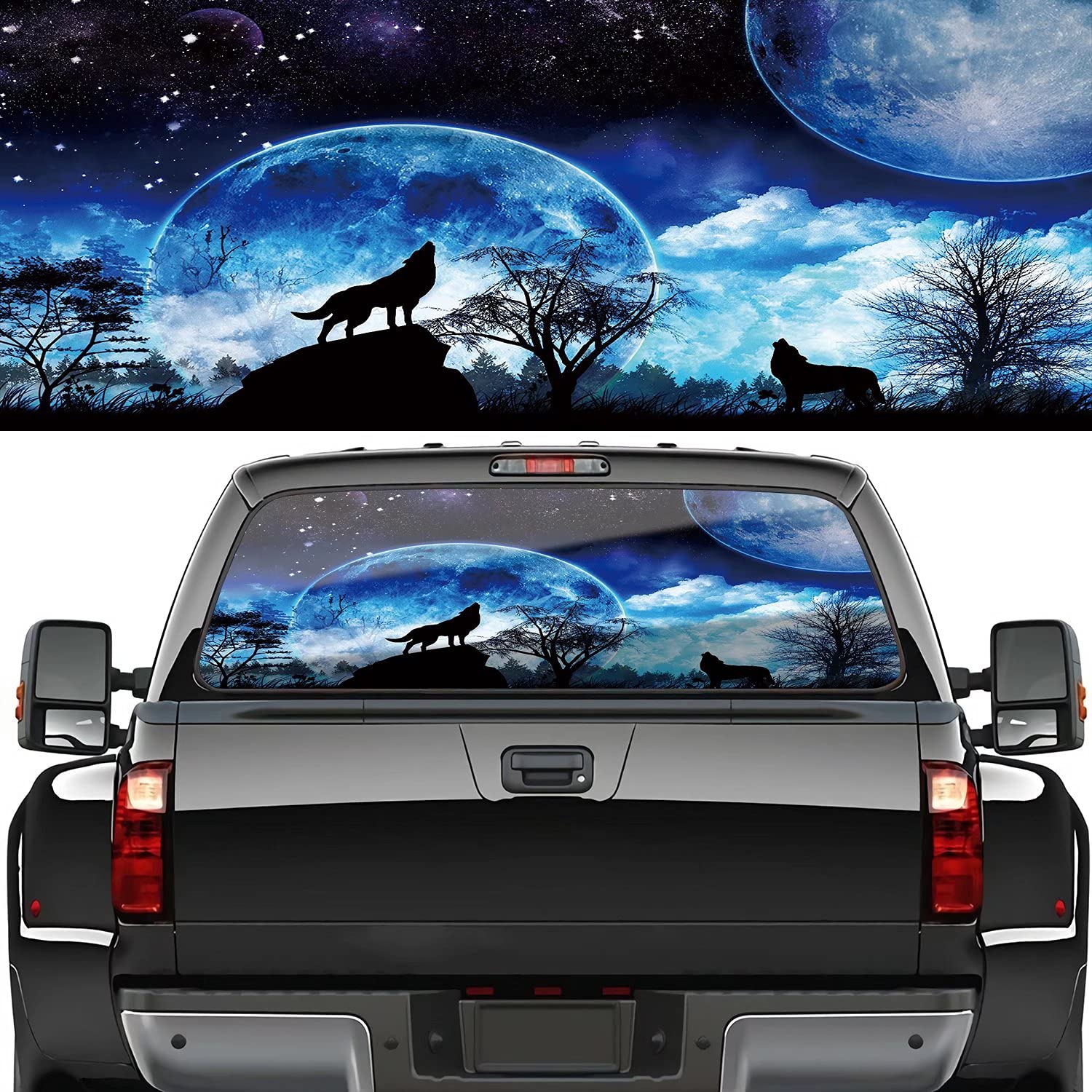 Hoa Forest Wolf Truck Rear Window Decal Tint Perforated Vinyl Graphic,Car Back Window Sticker,Animal Panel Decals Truck SUV Van 65x20inch