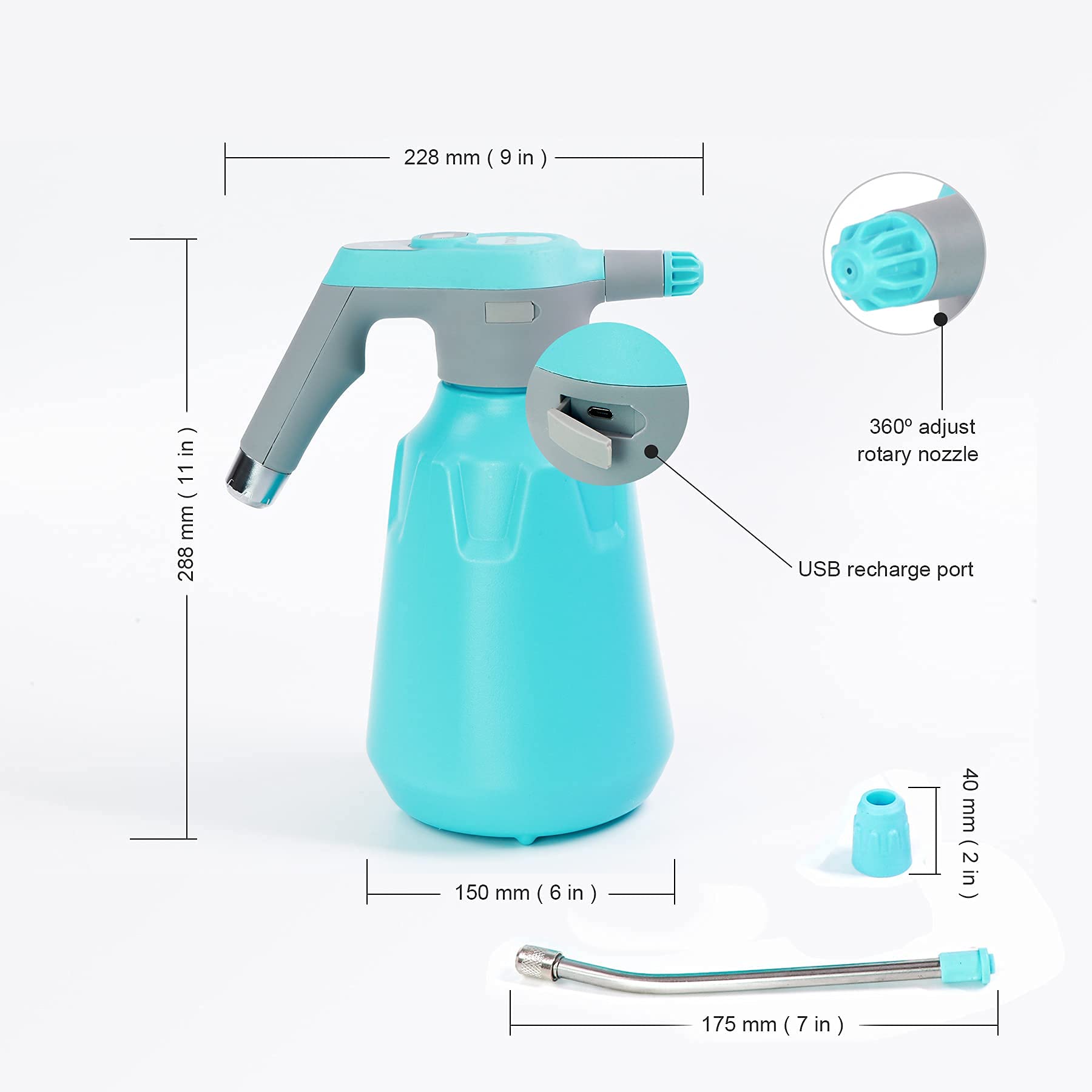 0.5 Gallon/2L Battery Powered Sprayer, T TOVIA Electric Sprayer with Adjustable Mist Nozzle and Extension Nozzle, USB Rechargeable Automatic Spray Bottle for Plants, Household Cleaning