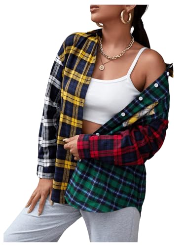 Floerns Women's Tartan Color Block Long Sleeve Plaid Button Down Blouse Multi S